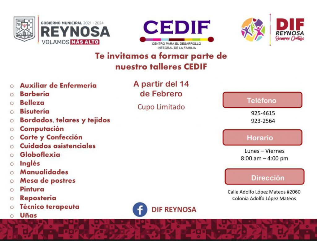 Inicia DIF Reynosa inscripciones a talleres CEDIF – DIF Reynosa 2024 – 2027