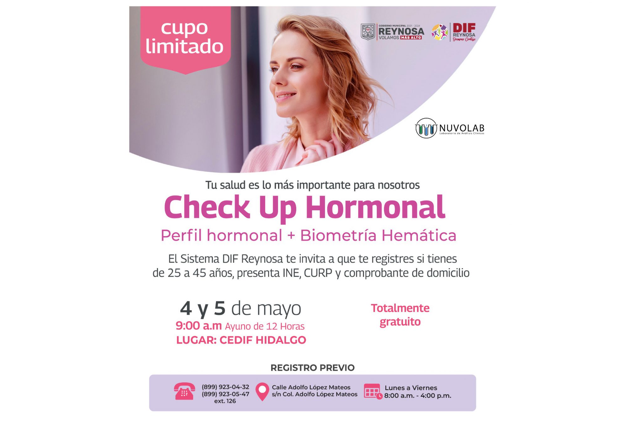Invita DIF Reynosa a registrarse para Examen Hormonal – DIF Reynosa 2024 – 2027